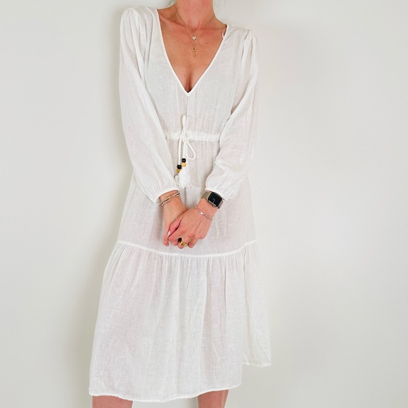 Joie | Dresses | Joie Deep Vneck Linen Blend White Tiered Long Sleeve ...